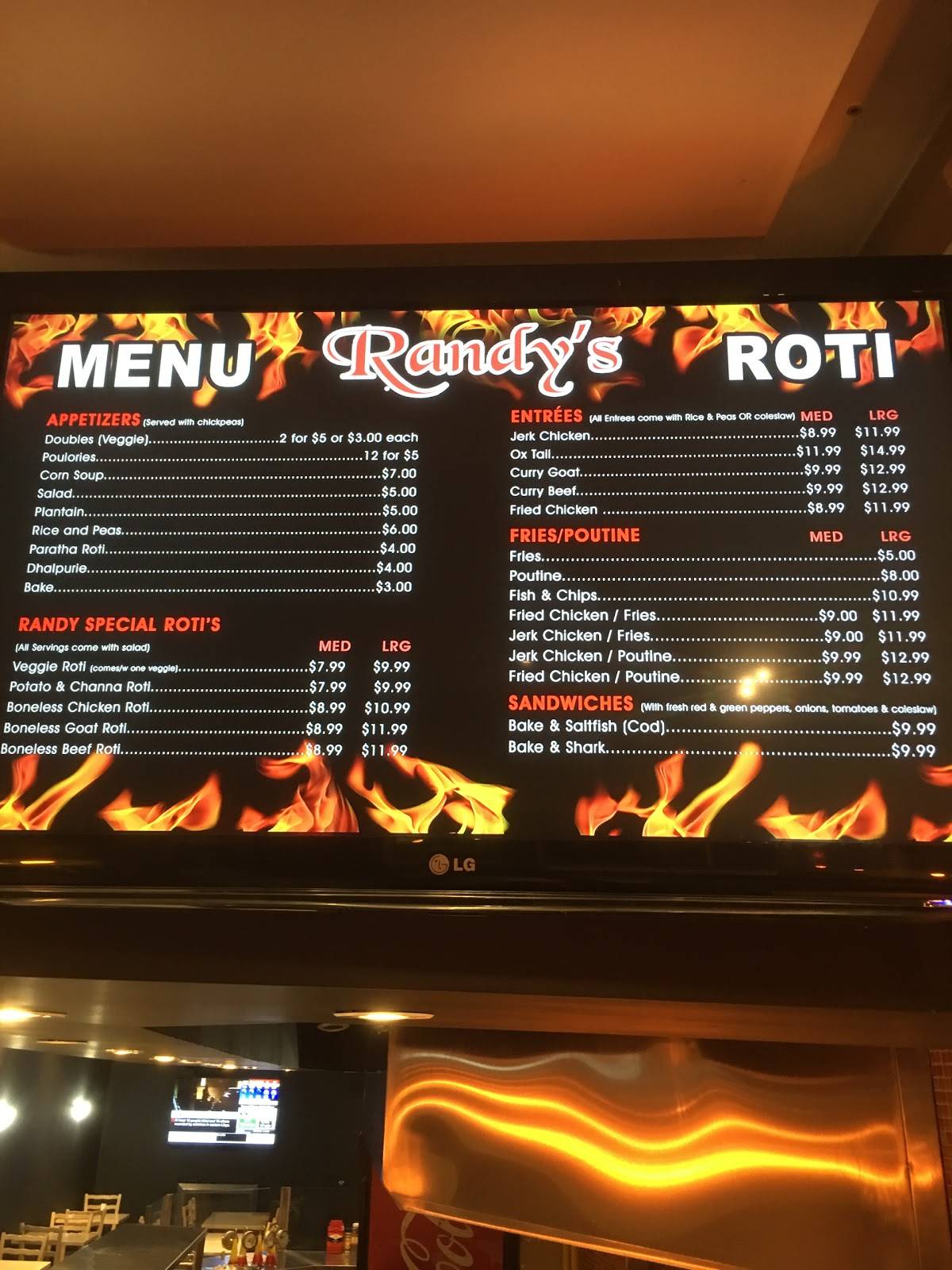Menu at Randy's Roti and Doubles restaurant, Toronto, 876 Yonge St