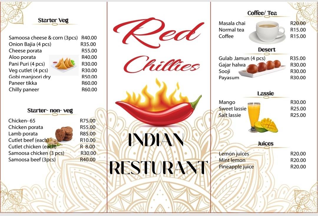 Carta de Red chillies Indian Restaurant, East London