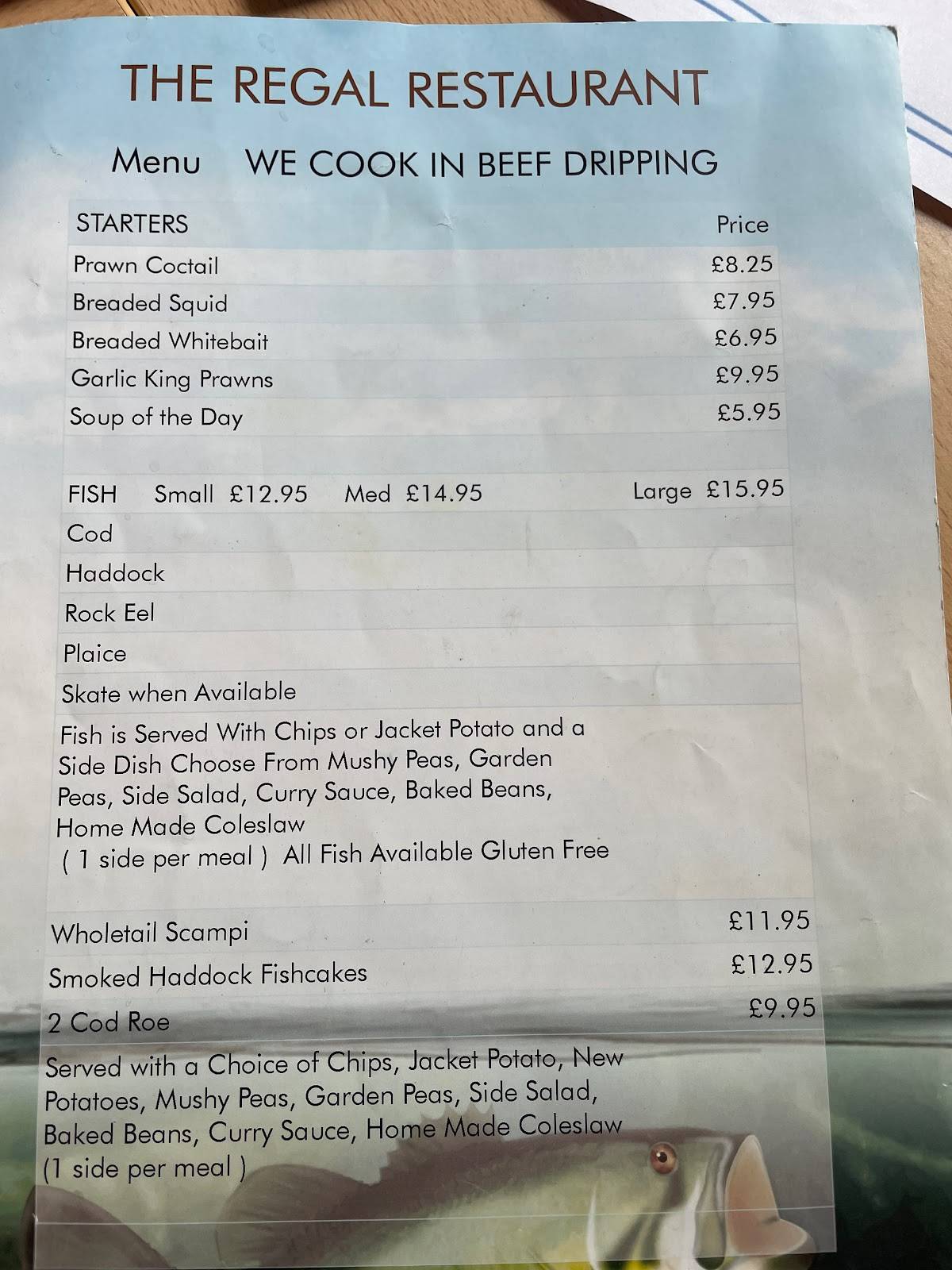 Menu at Regal restaurant, Felixstowe, Sea Rd