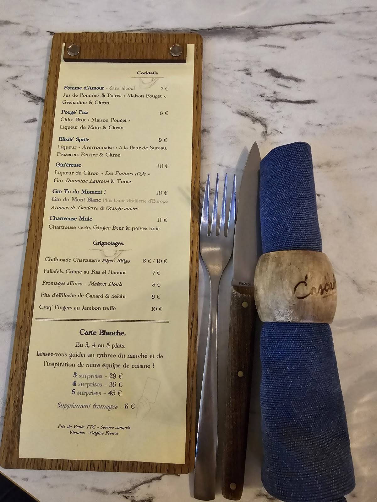 Menu au Restaurant Cascade, Salles-la-Source