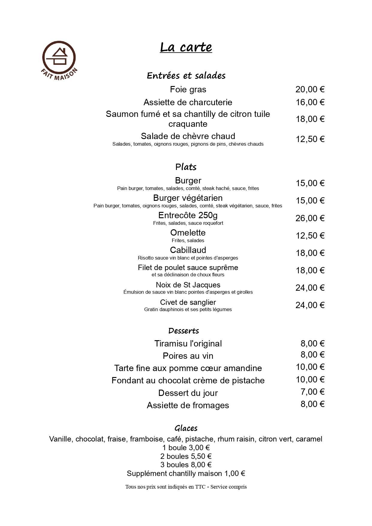 Menu au Chez Miro restaurant, Maury