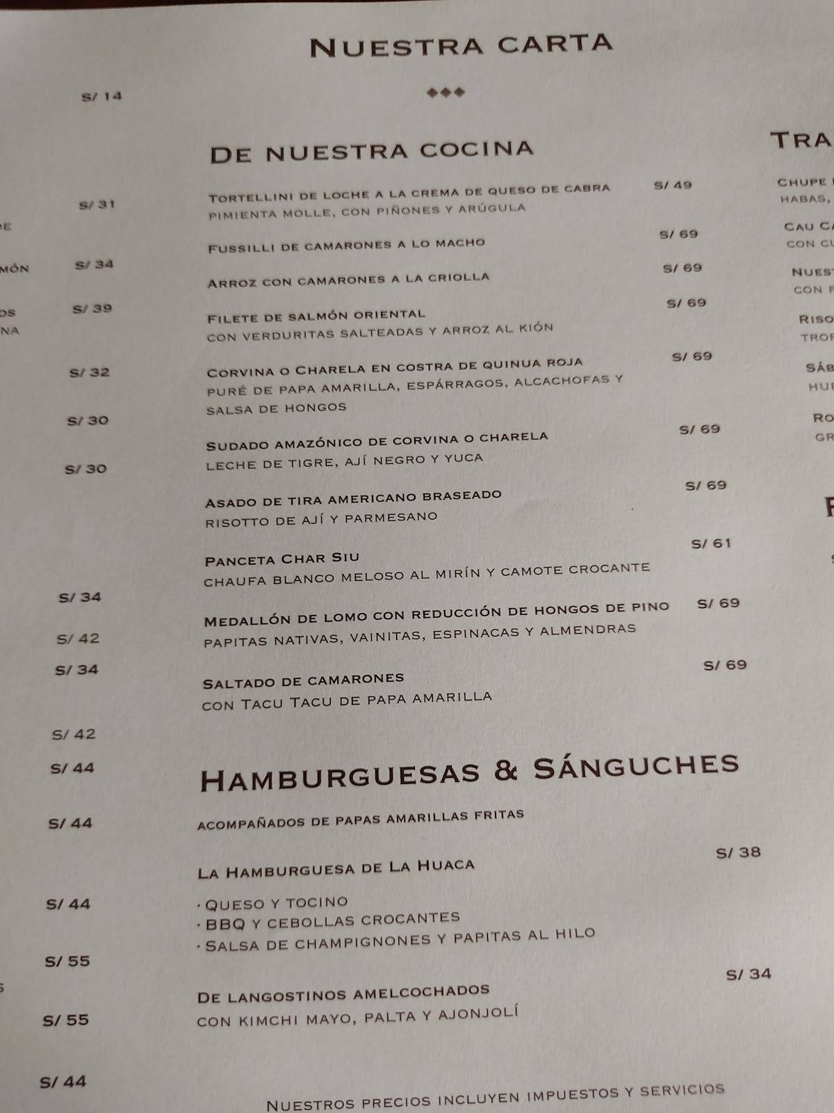Carta de Restaurant Huaca Pucllana, Lima