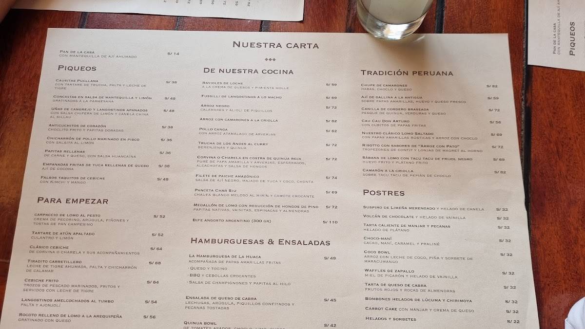 Carta de Restaurant Huaca Pucllana, Lima