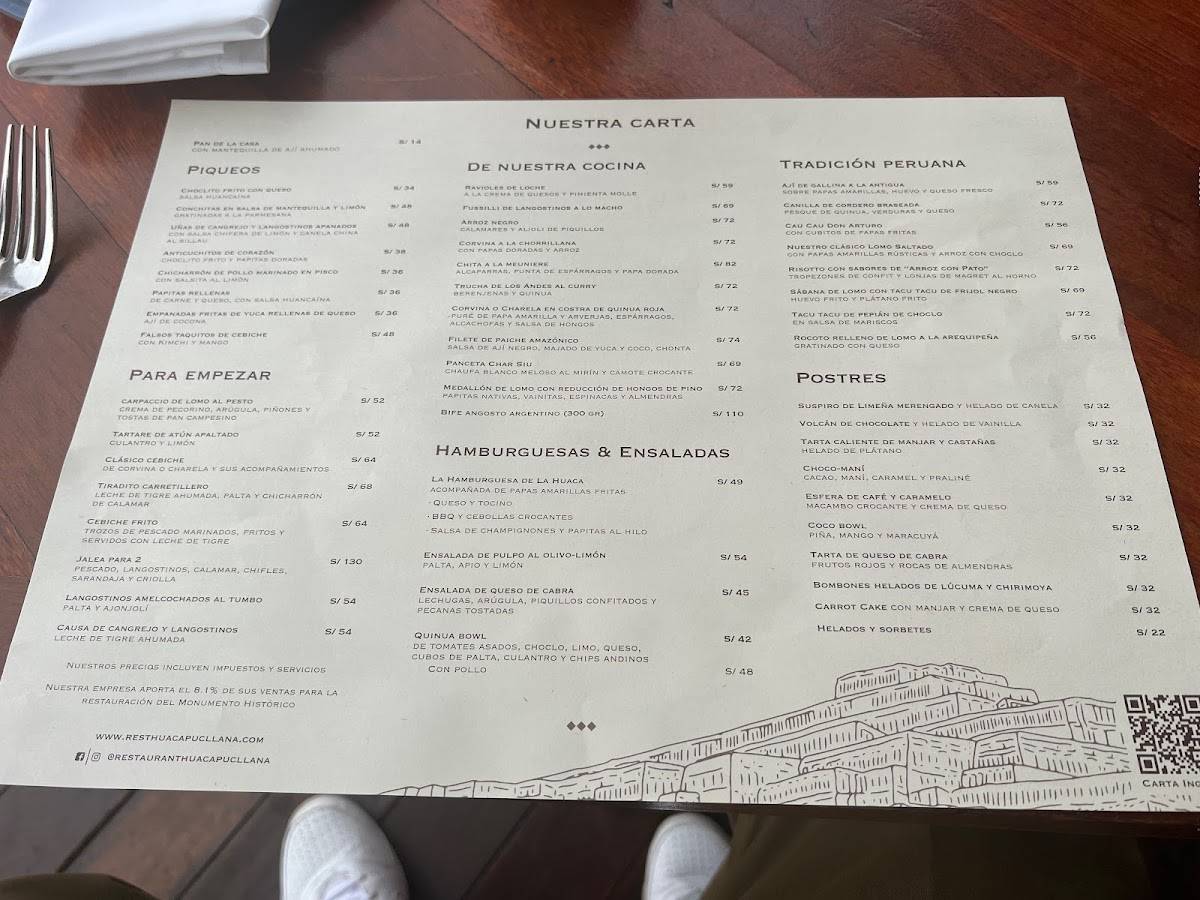 Carta de Restaurant Huaca Pucllana, Lima