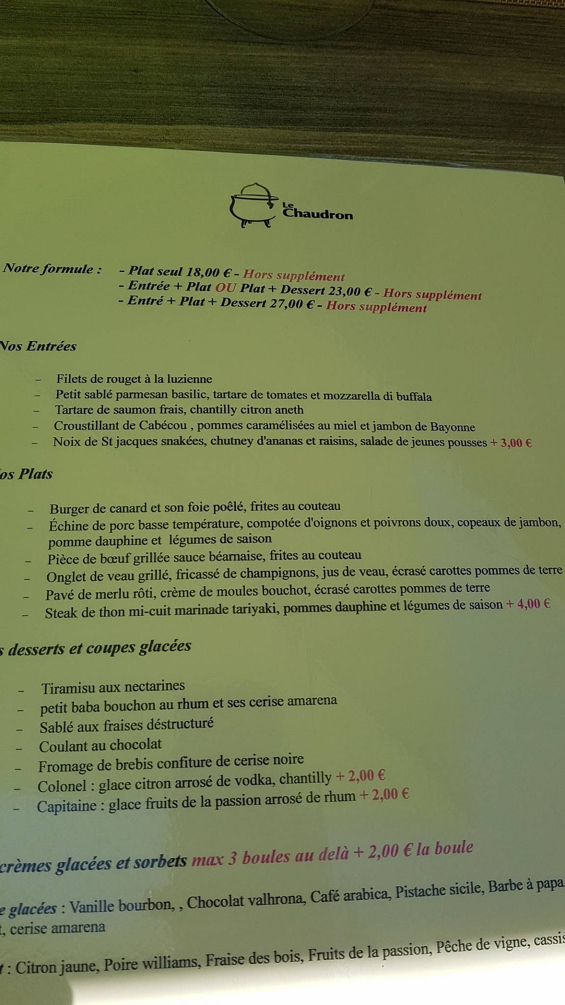 Menu au Restaurant Le Chaudron, Feurs, Route de Boën