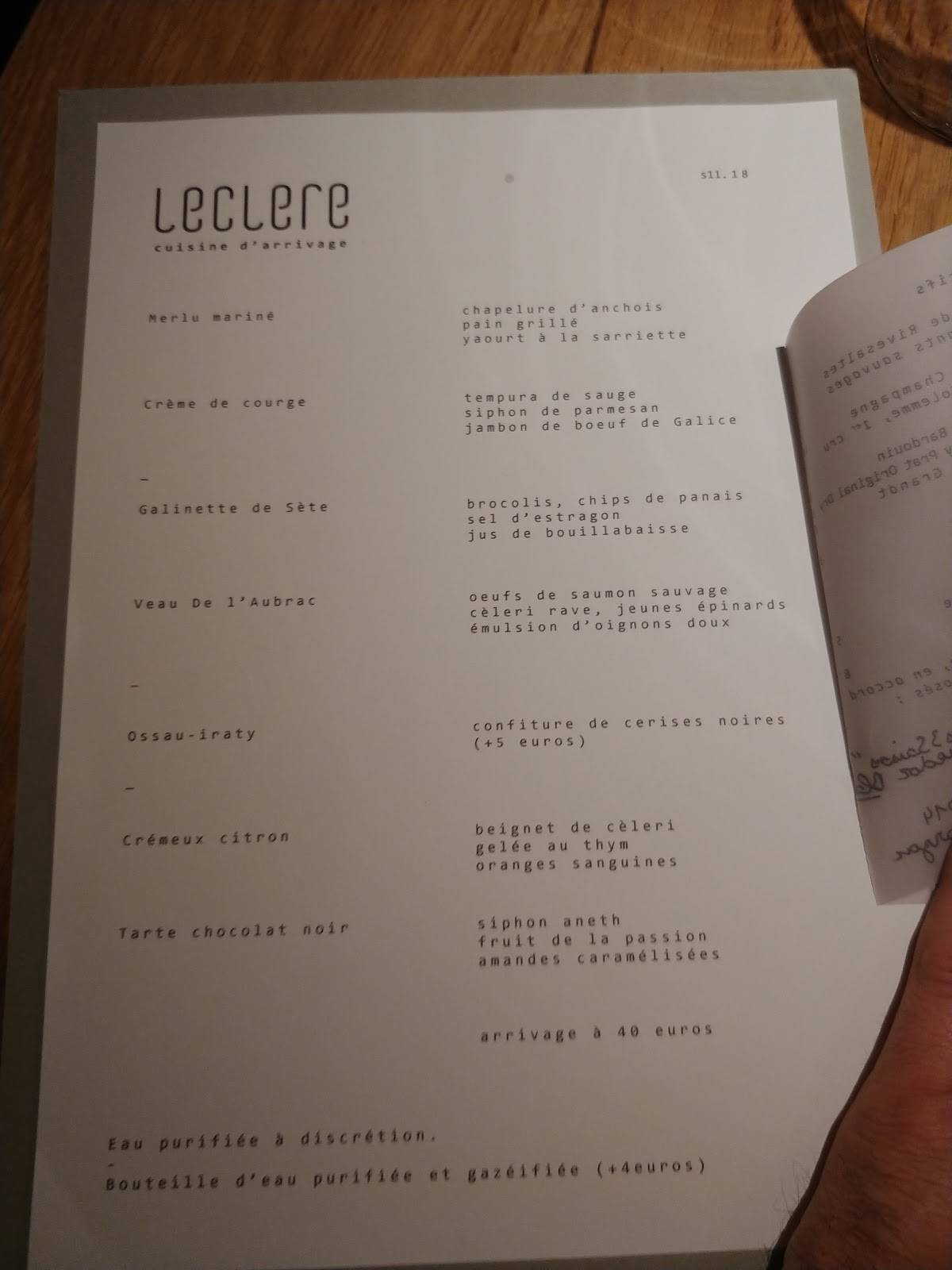 Menu au Leclère, Cuisine D'arrivage restaurant, Montpellier