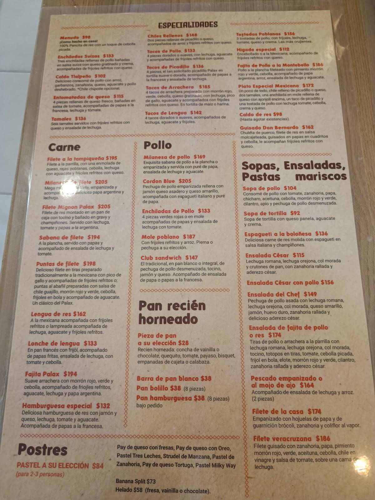 Carta de Restaurant Palax, Monterrey, Av. Francisco I. Madero 717
