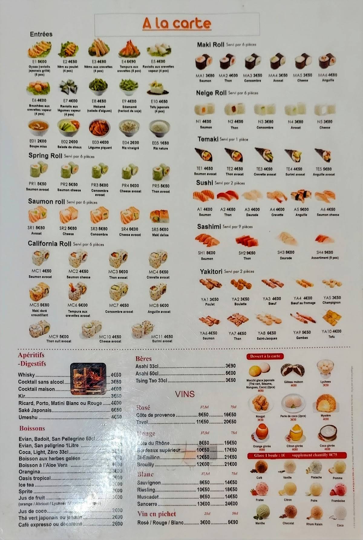 Menu au Restaurant japonais ASAHI, Paris, 24 Rue Claude Decaen