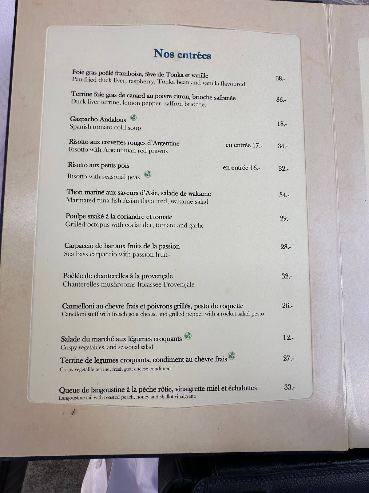 Menu au Restaurant la Perle du Lac, Genève, Rue de Lausanne 126