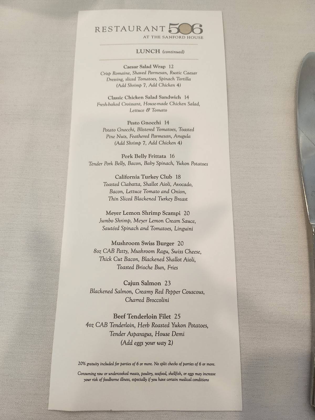 Menu at Restaurant506, Arlington