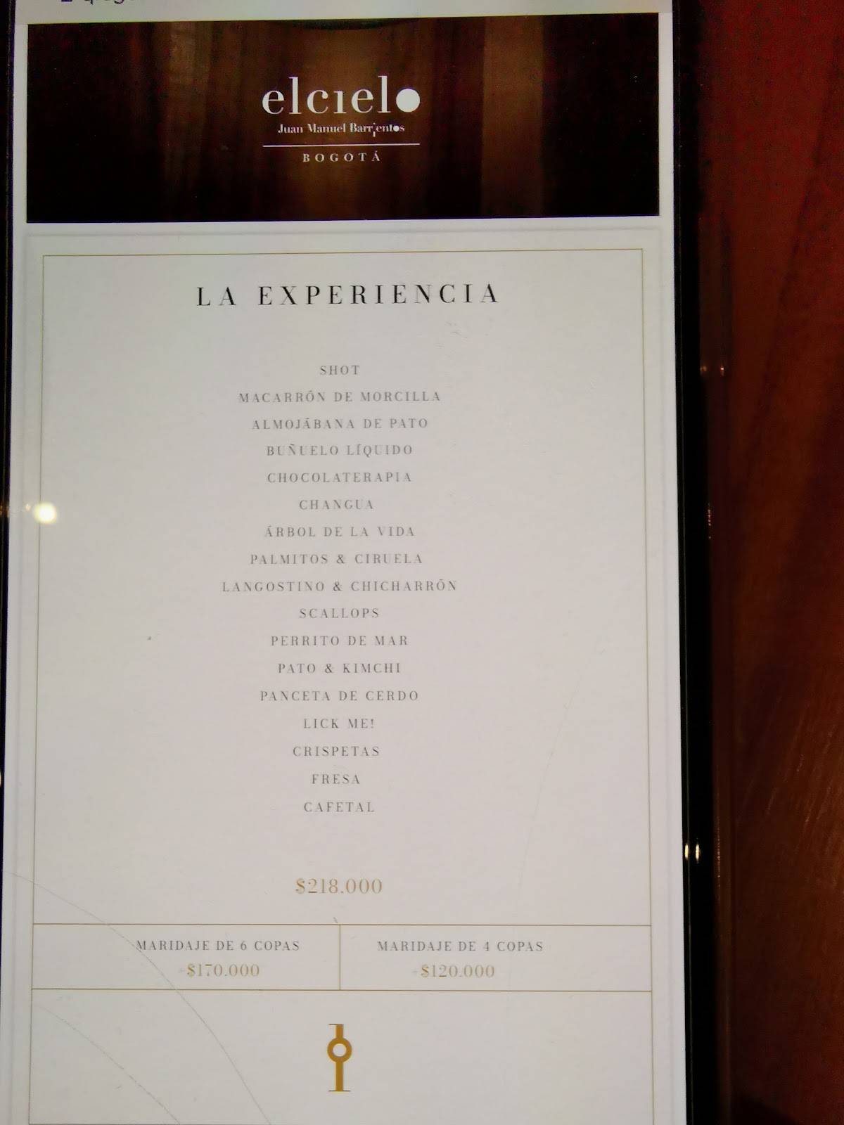 Carta de Elcielo Bogotá Restaurant, Bogotá, Calle 70 #4-47