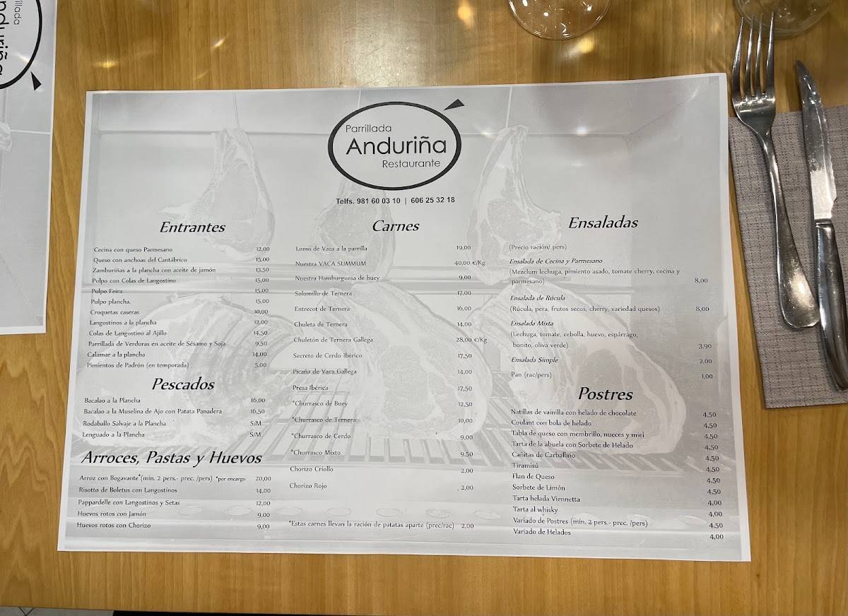 Carta de Restaurante O Anduriña, Arteijo