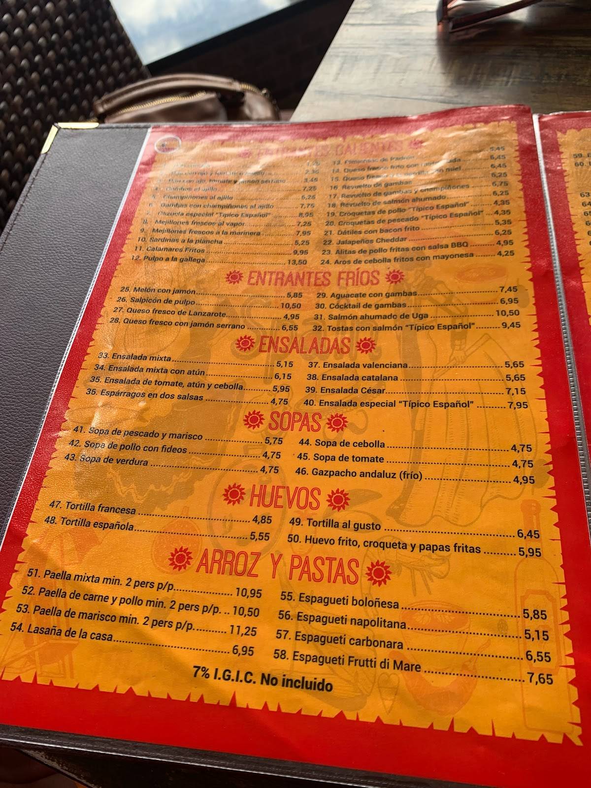 Menu at Restaurante Típico Español, Playa Blanca