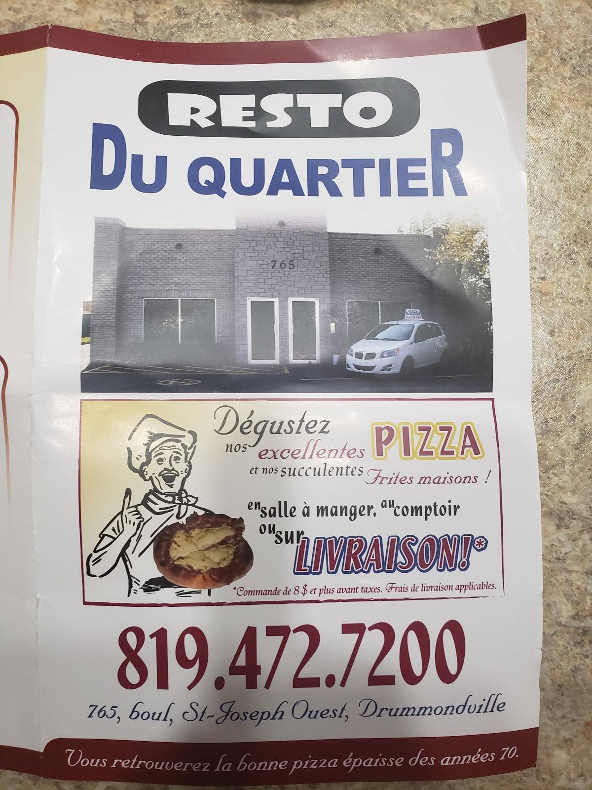 Menu au Resto Du Quartier restaurant, Drummondville