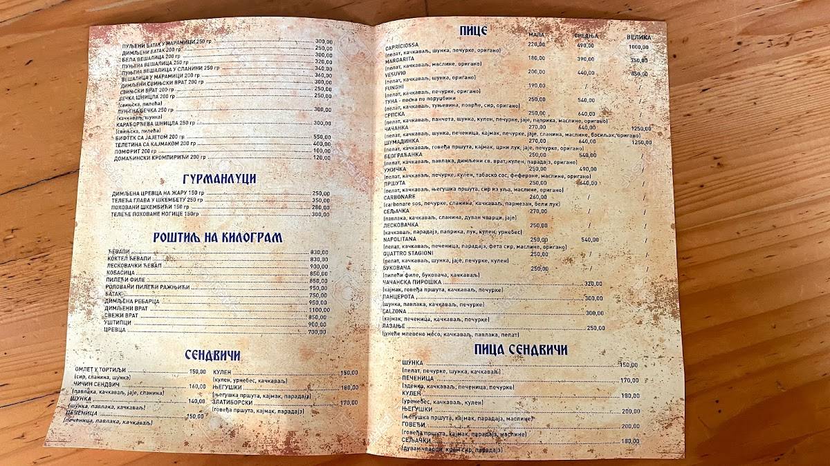 Menu at Restoran ČAČANIN restaurant, Belgrade