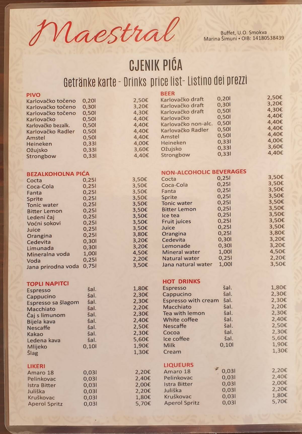 Menu at Restoran Maestral restaurant, Šimuni, Aci Marina