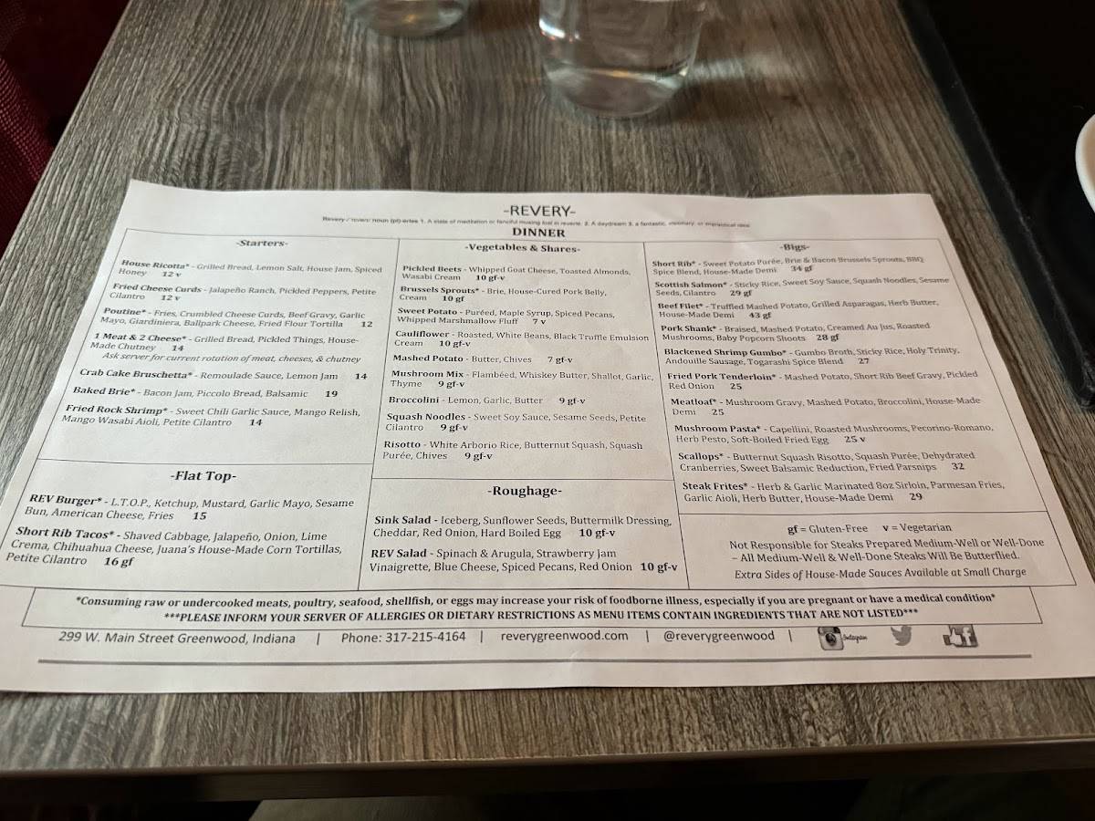 Menu at Revery restaurant, Greenwood