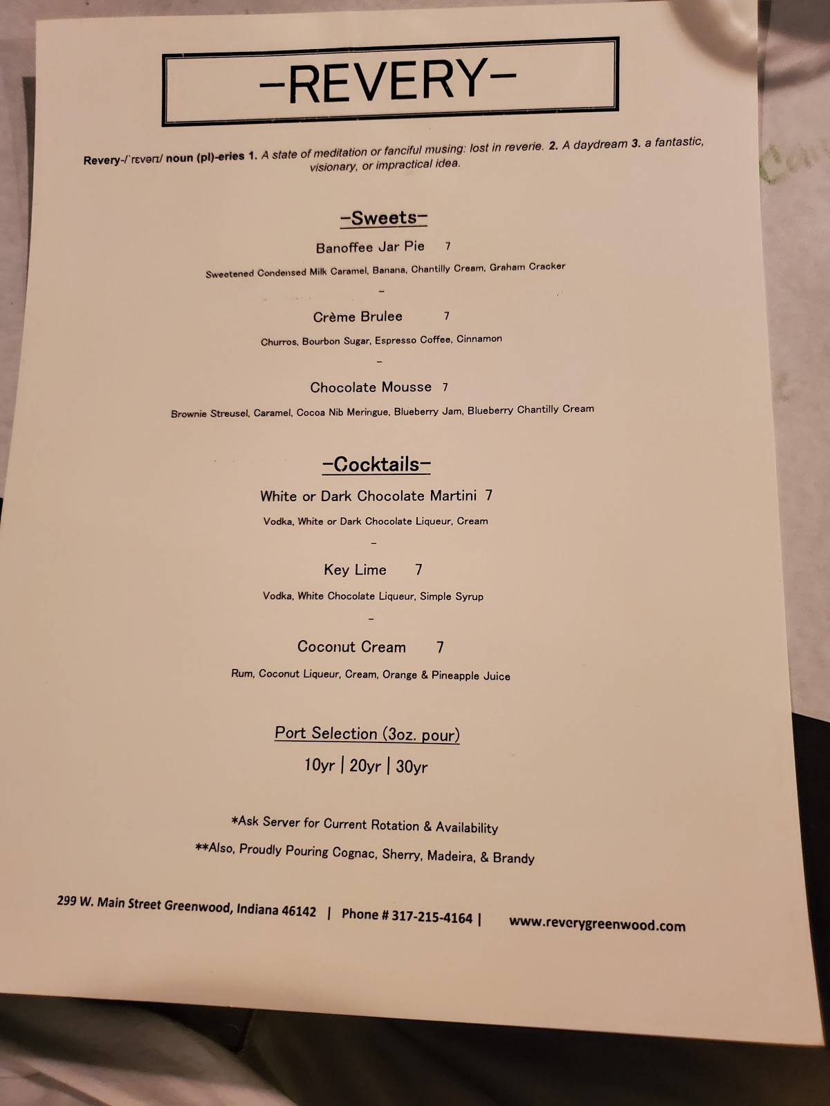 Menu at Revery restaurant, Greenwood