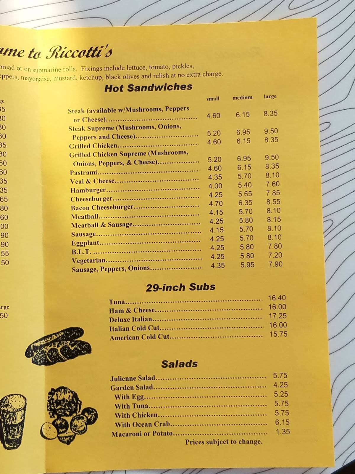 Menu at Riccotti's Submarine Sandwiches restaurant, North Providence