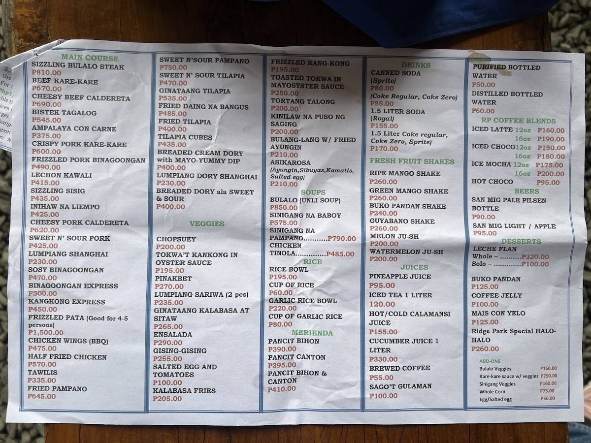 Carta del restaurante Ridge Park Kainan sa Kubo, Tagaytay, 3WXW+X75