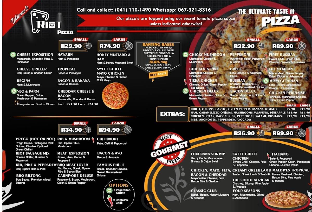Menu at Riot Pizza manufacturing restaurant, Port Elizabeth