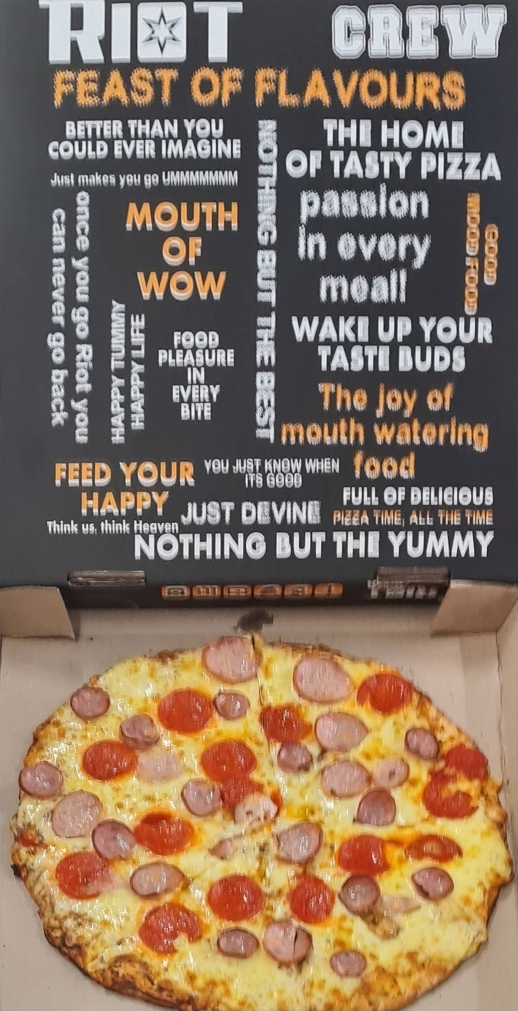 Menu at Riot Pizza manufacturing restaurant, Port Elizabeth