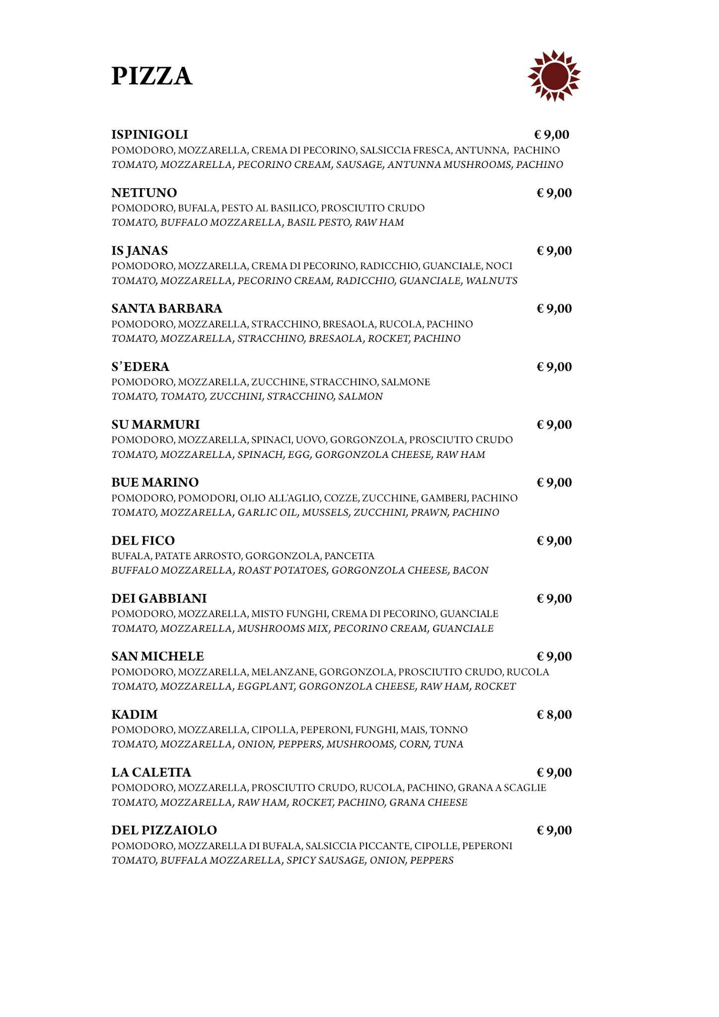 Carta de Ristorante Meloni & Fresu, La Caletta