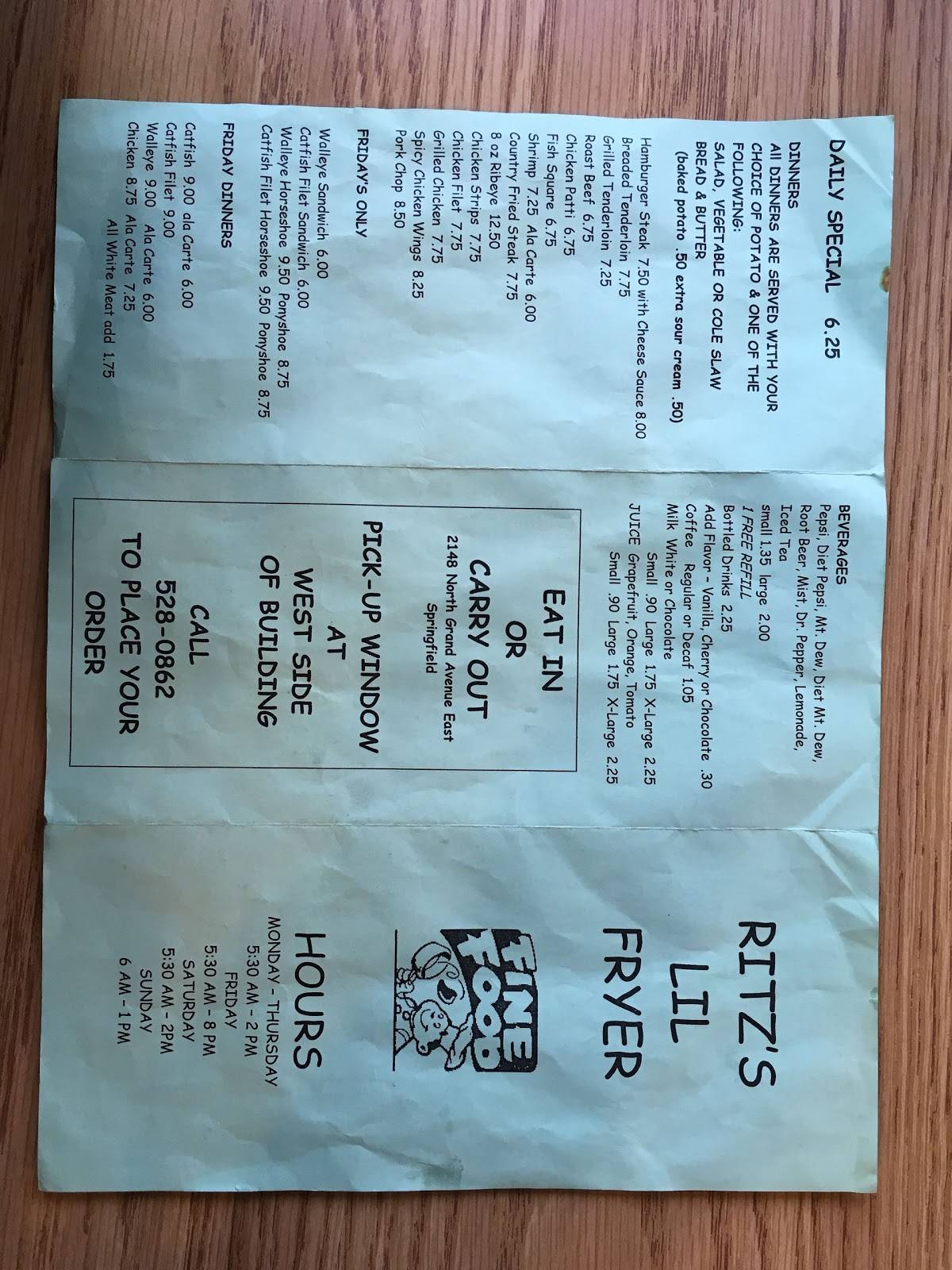 Menu at Ritz's Lil Fryer restaurant, Springfield