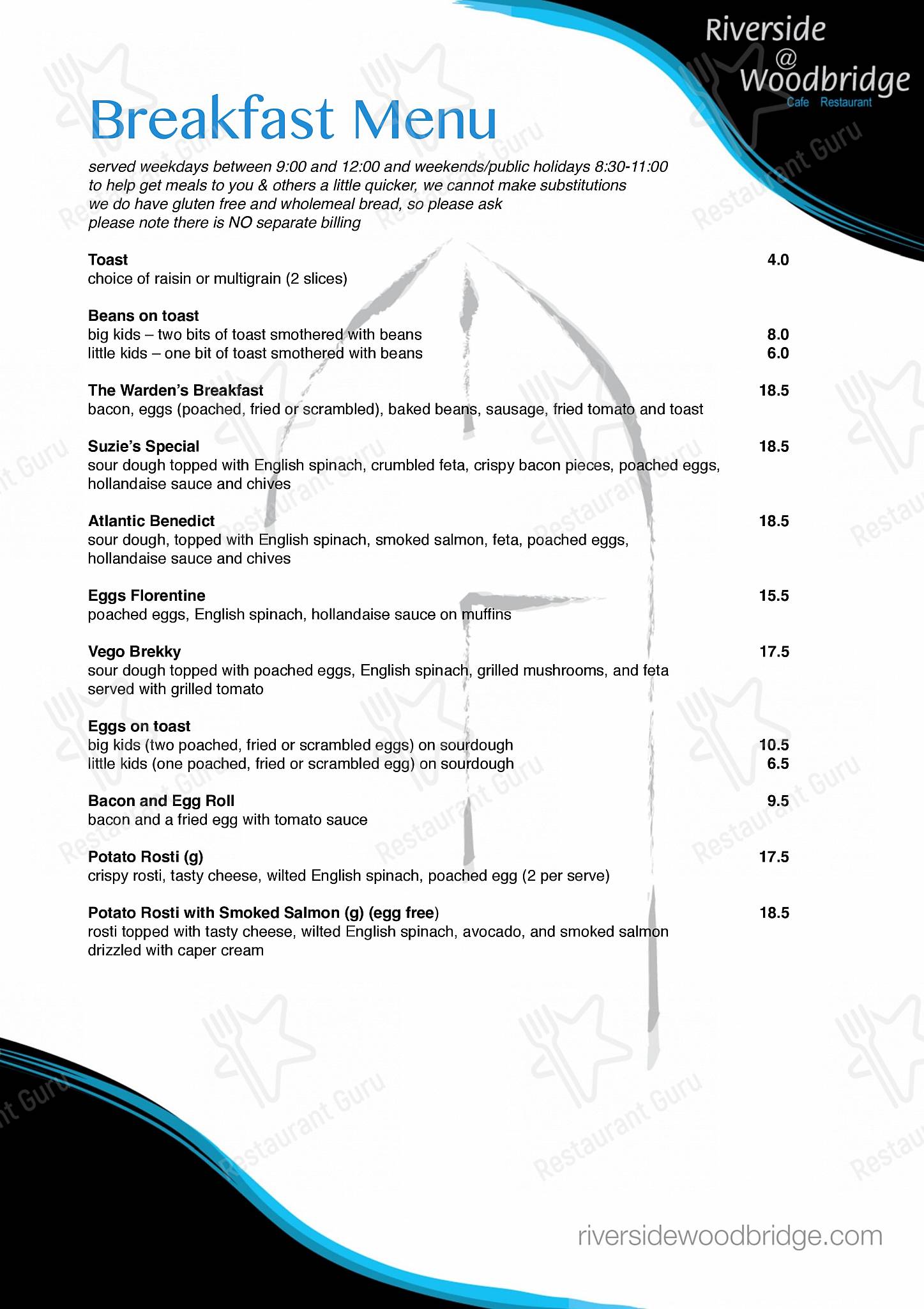 Menu at Riverside at Woodbridge cafe, Woodbridge