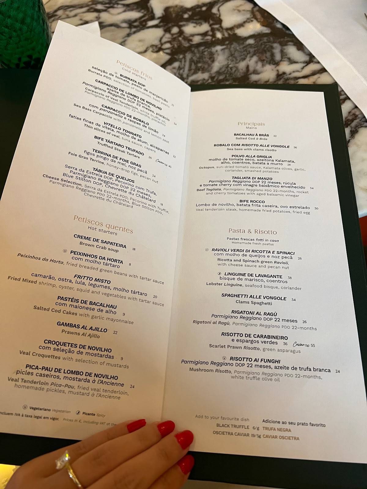 Menu at Rocco restaurant, Lisbon