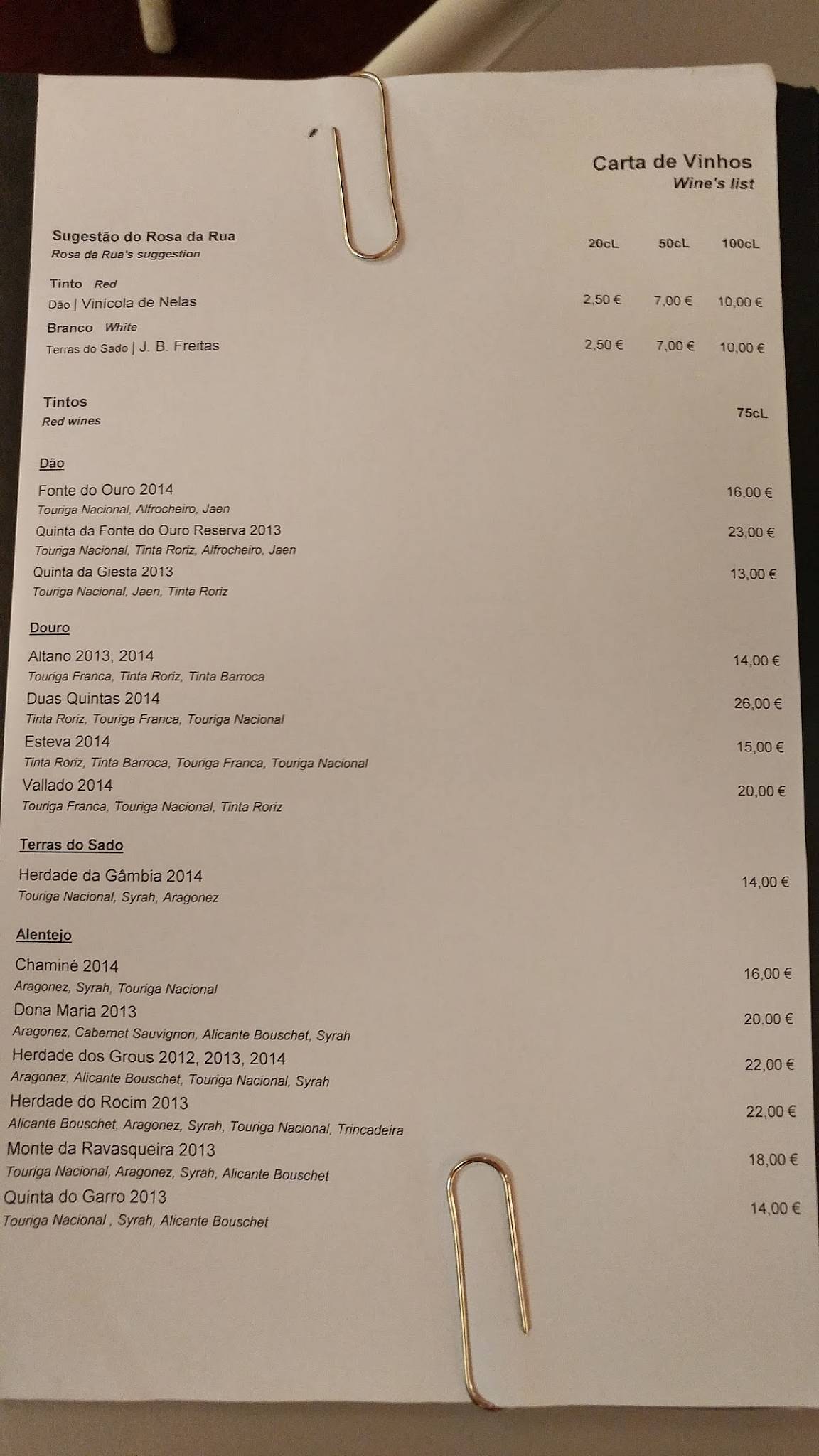 Menu at Rosa da Rua restaurant, Lisbon