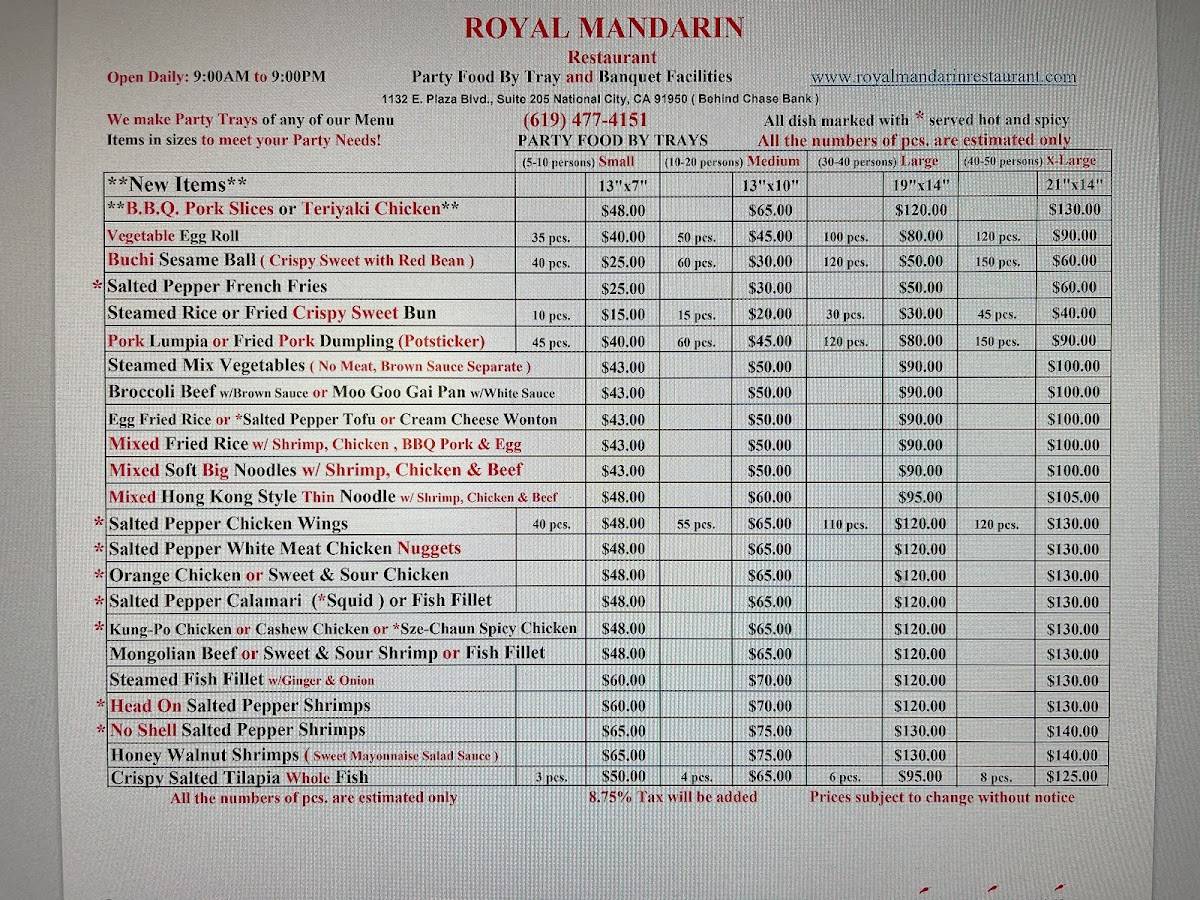 Menu at Royal Mandarin restaurant, National City