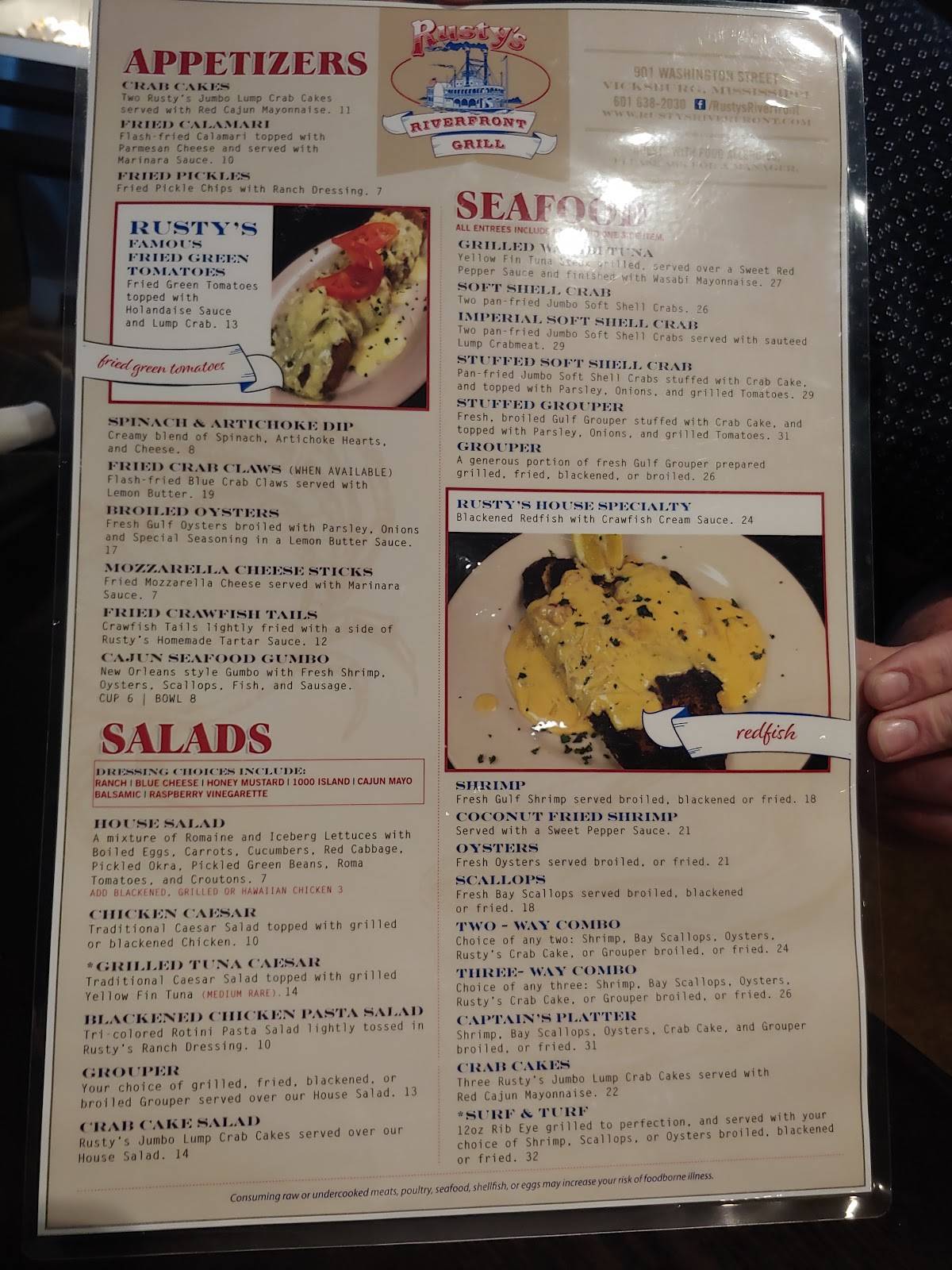 Menu at Rusty's Riverfront Grill restaurant, Vicksburg