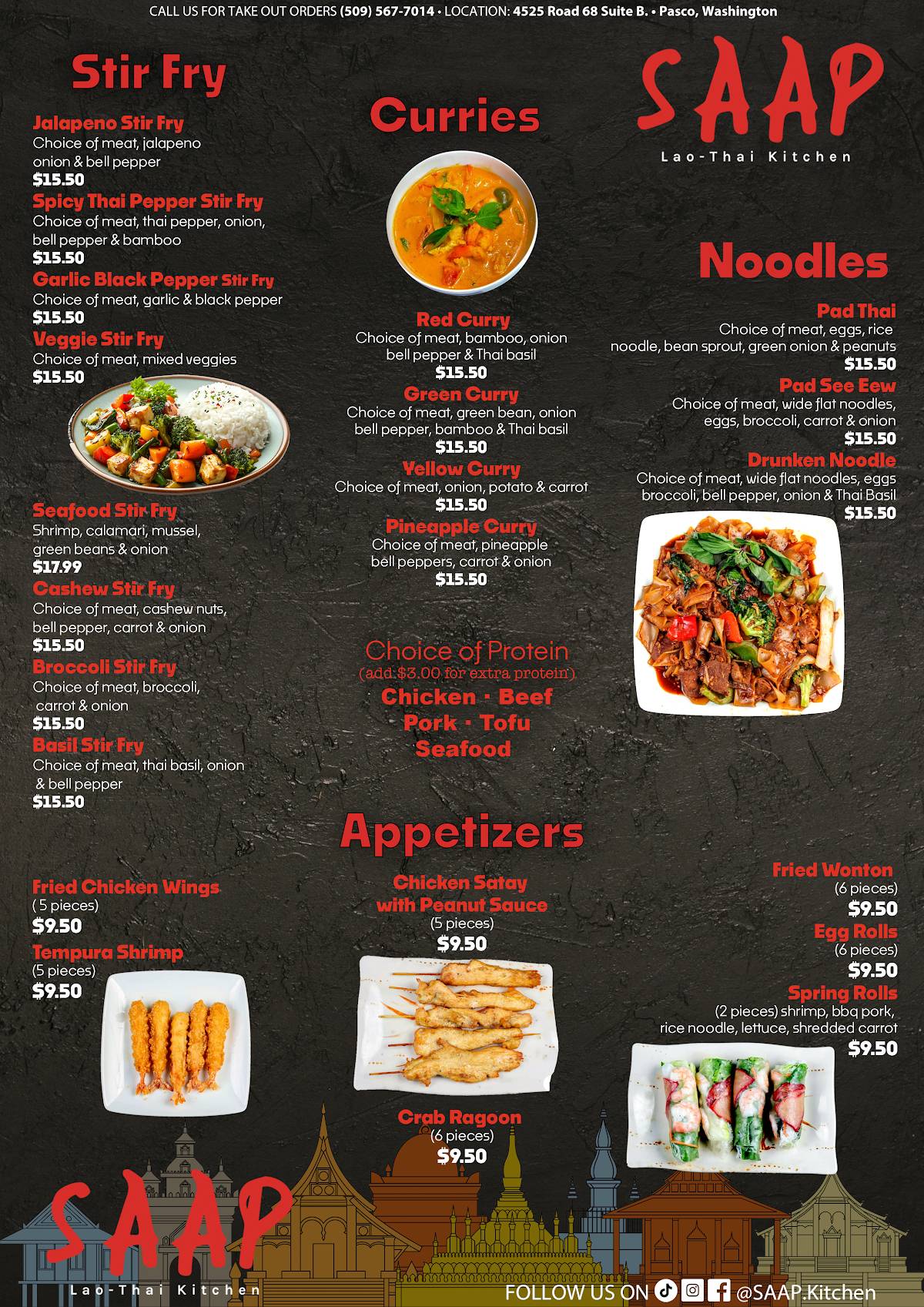 Menu at SAAP Kitchen Lao-Thai restaurant, Pasco
