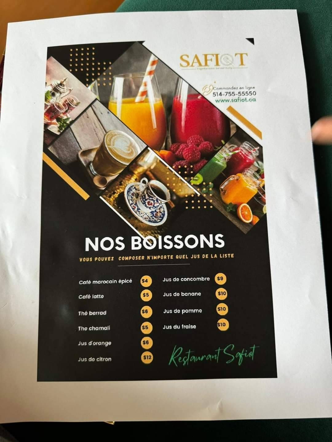 Menu au Restaurant SAFIOT, Montréal