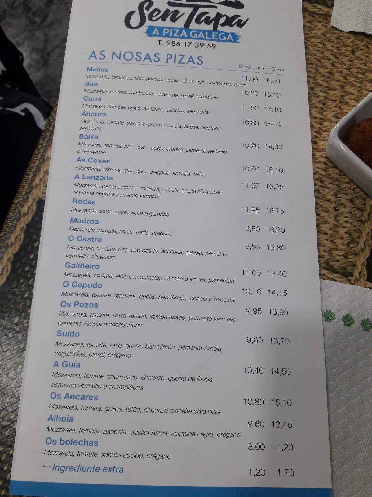 Menu at SEN TAPA, A Piza Galega restaurant, Vigo