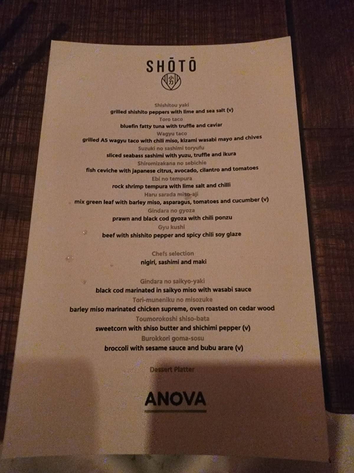 Menu at SHŌTŌ Washington DC restaurant, Washington