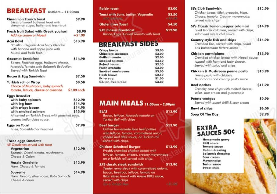 Menu at SJ's Bistro restaurant, Auchenflower