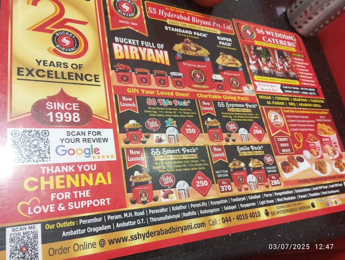 Menu at SS Hyderabad Biryani, Chennai, 2