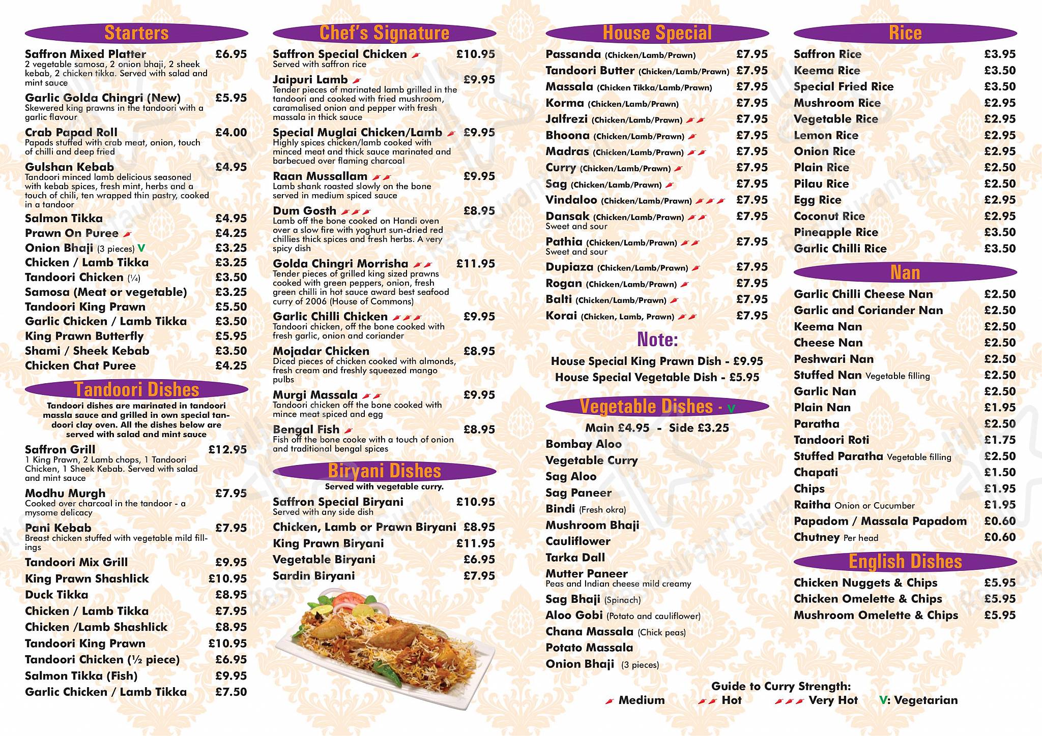 Menu at Saffron Indian Diner restaurant, Sidcup