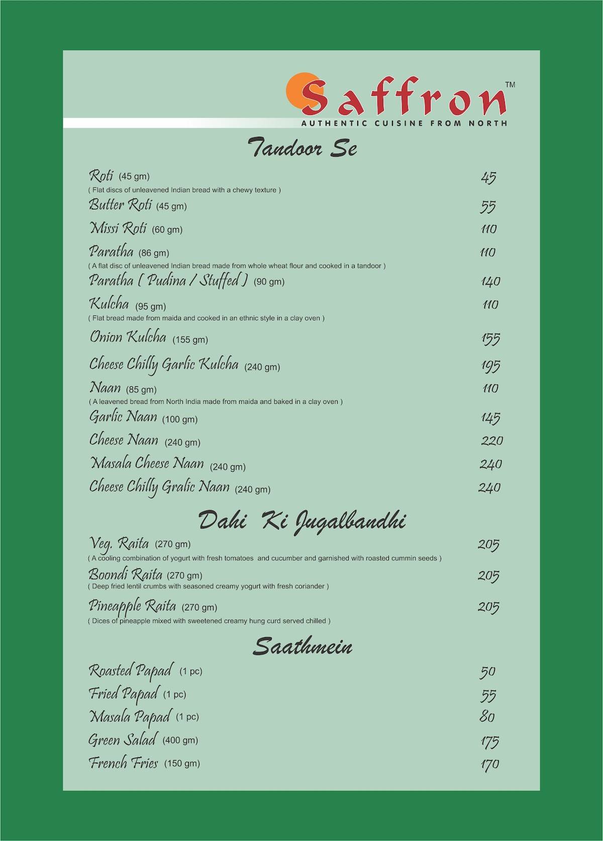 Menu at Saffron Restaurant, Ahmedabad, 1st Floor