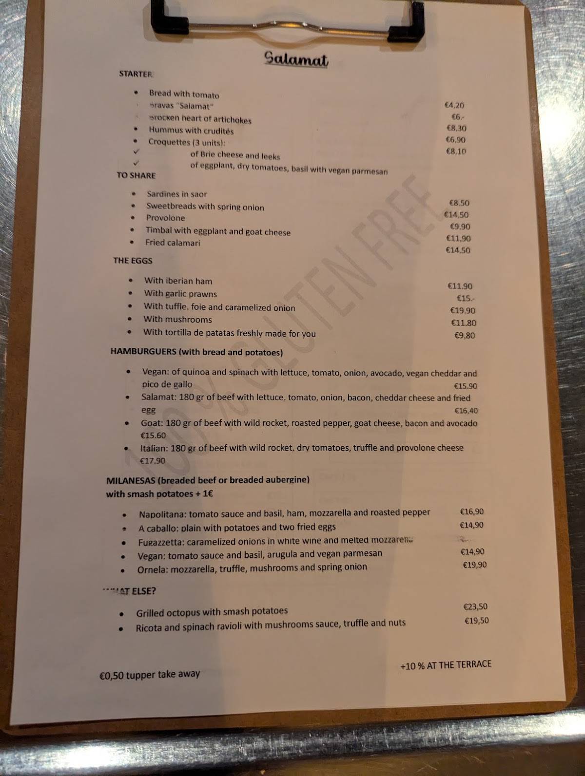Carta del restaurante Salamat Clot, Barcelona
