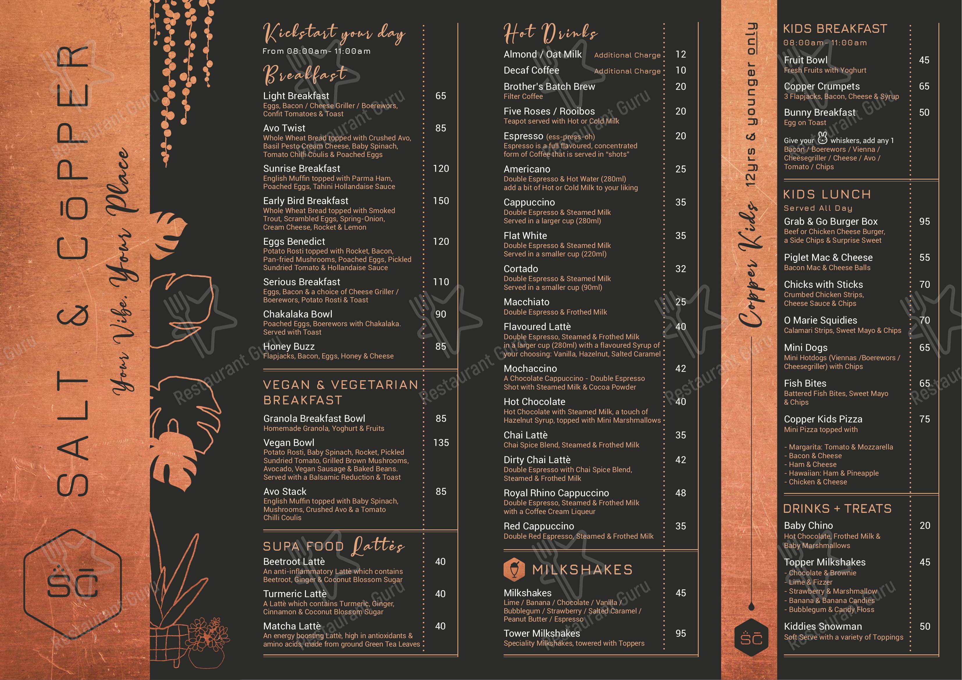 Menu at Salt & Copper restaurant, Mossel Bay