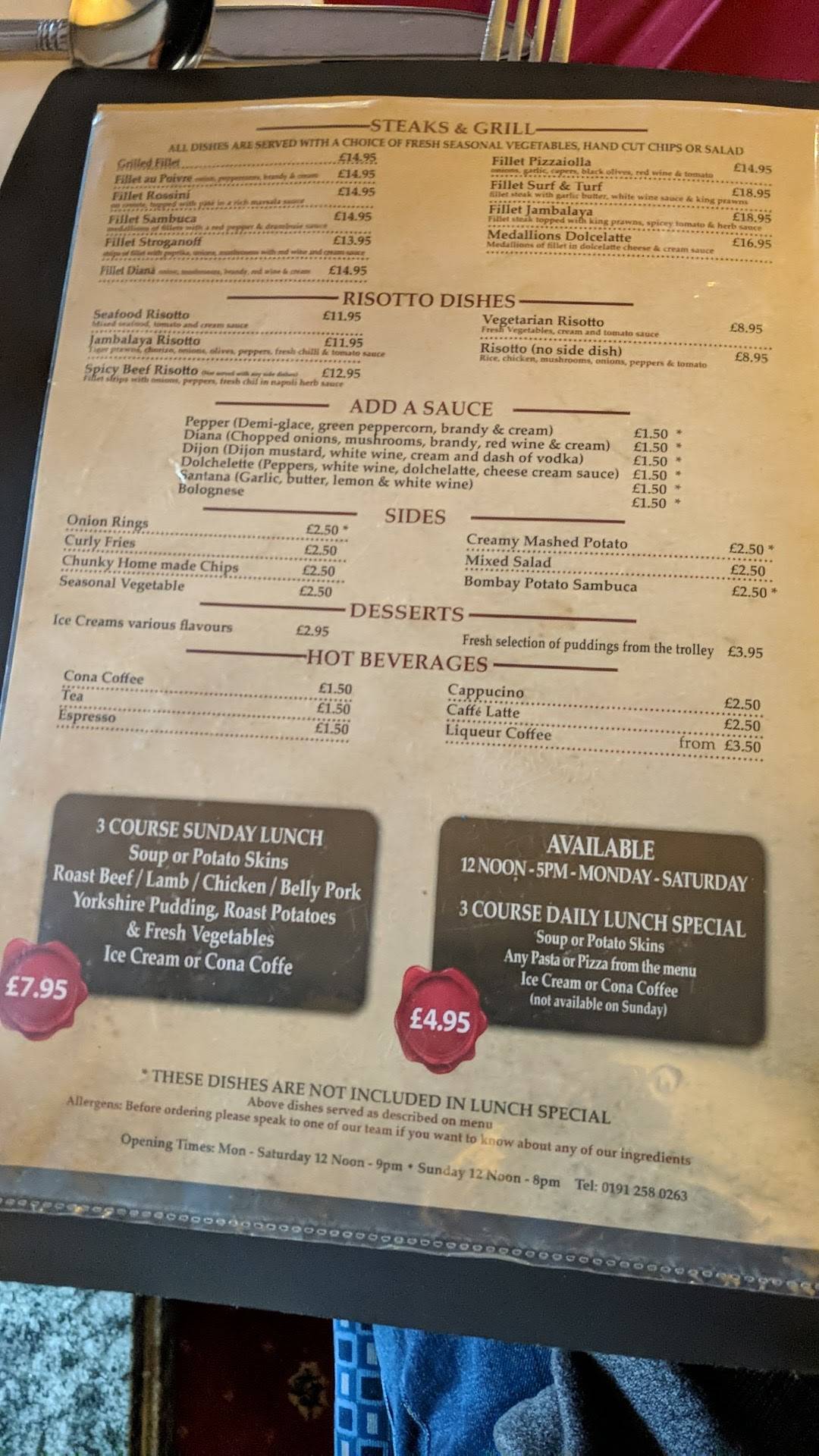 Menu at Sambuca Percy Main restaurant, North Shields