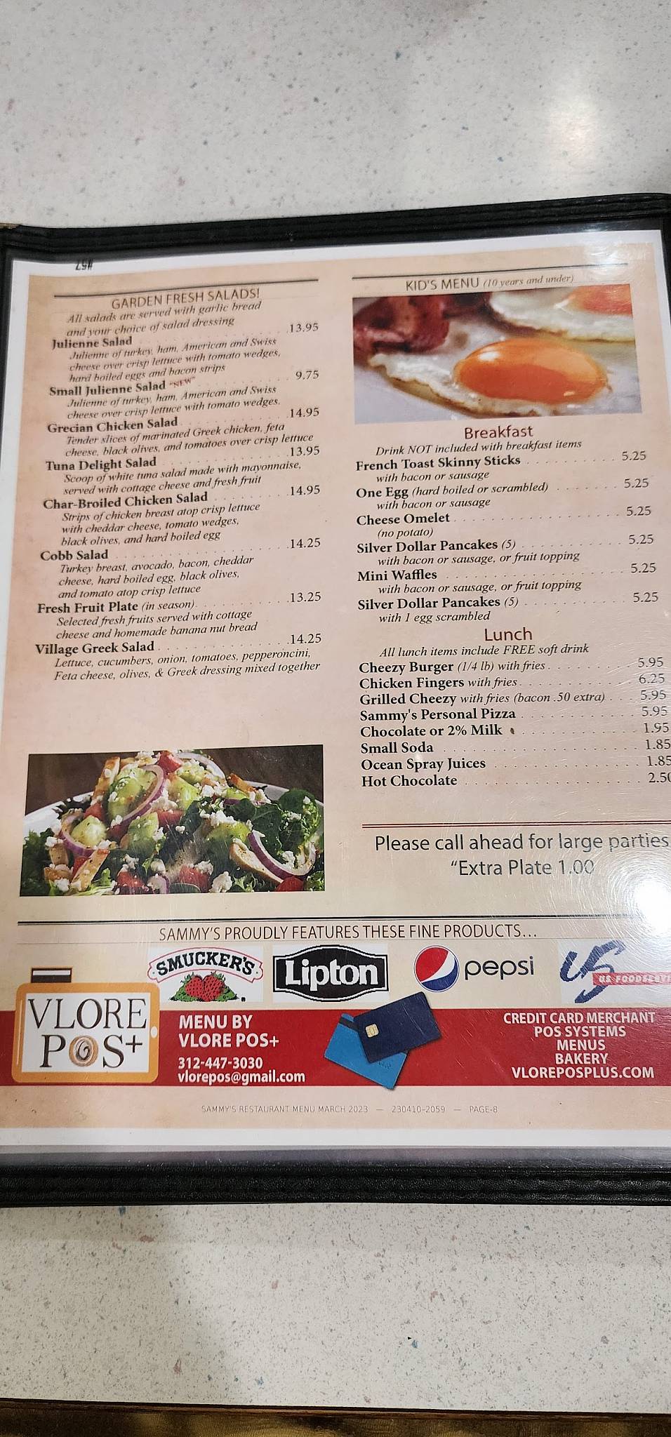 Menu at Sammy's Pancake House restaurant, Champaign