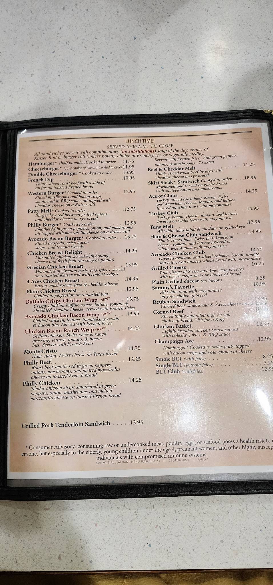 Menu at Sammy's Pancake House restaurant, Champaign