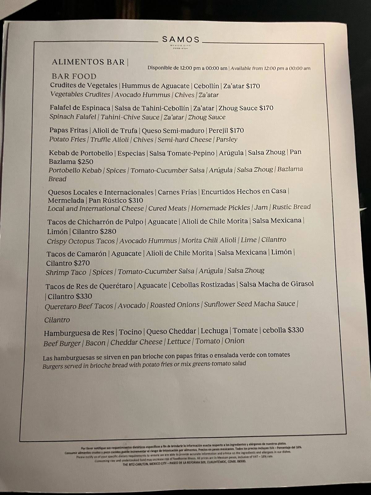 Carta del restaurante SAMOS - The Ritz Carlton México City, Ciudad del ...