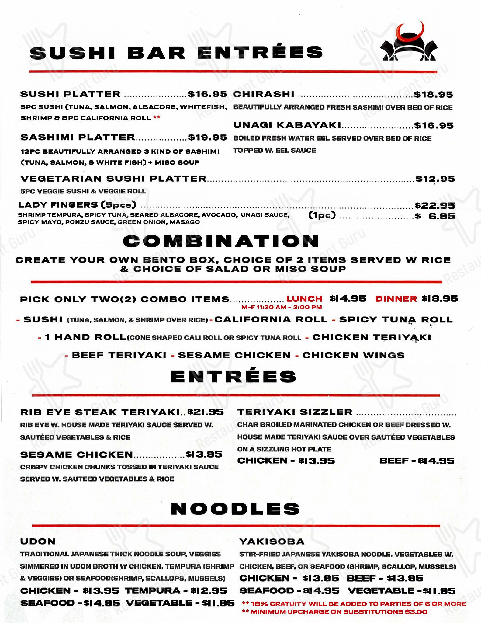 Menu at Samurai Sushi Bar, Hanford
