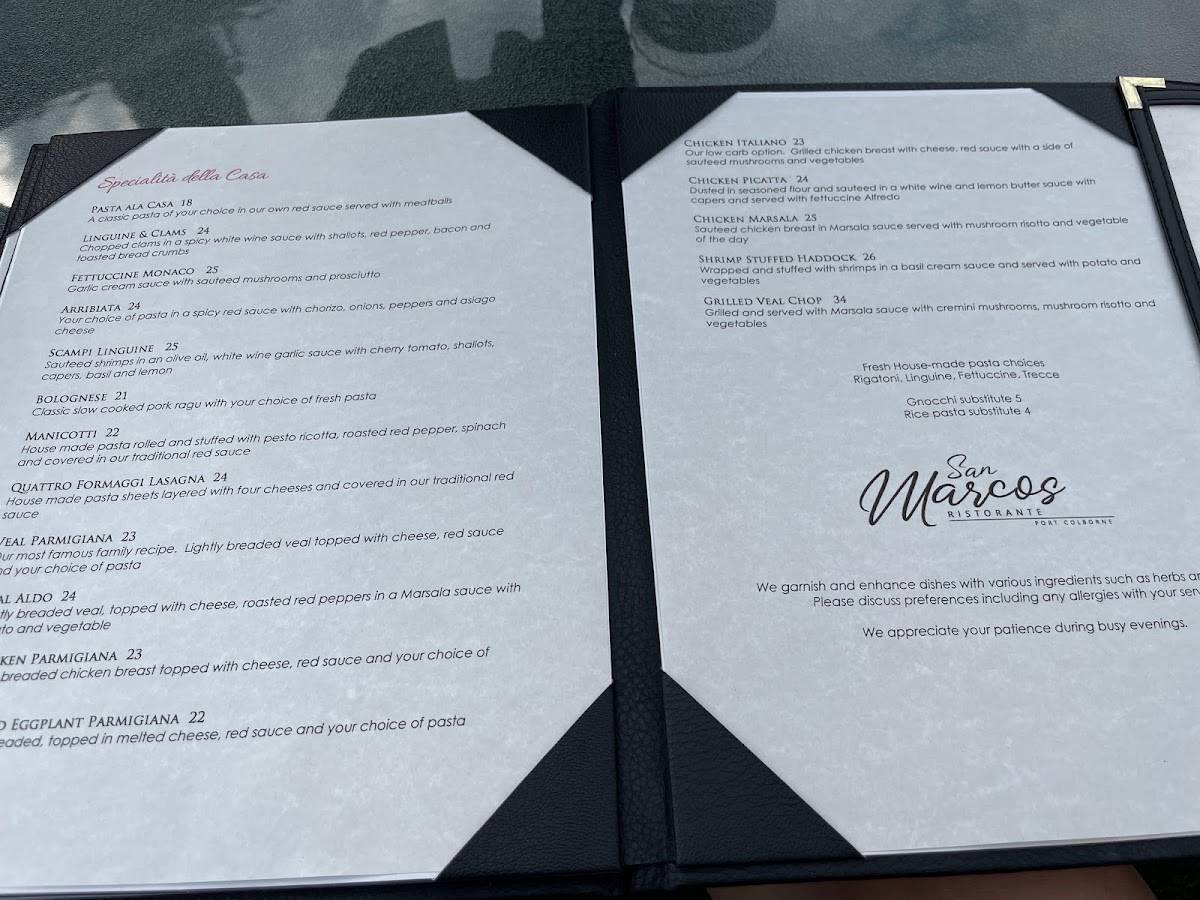 Menu at San Marco's Ristorante restaurant, Port Colborne