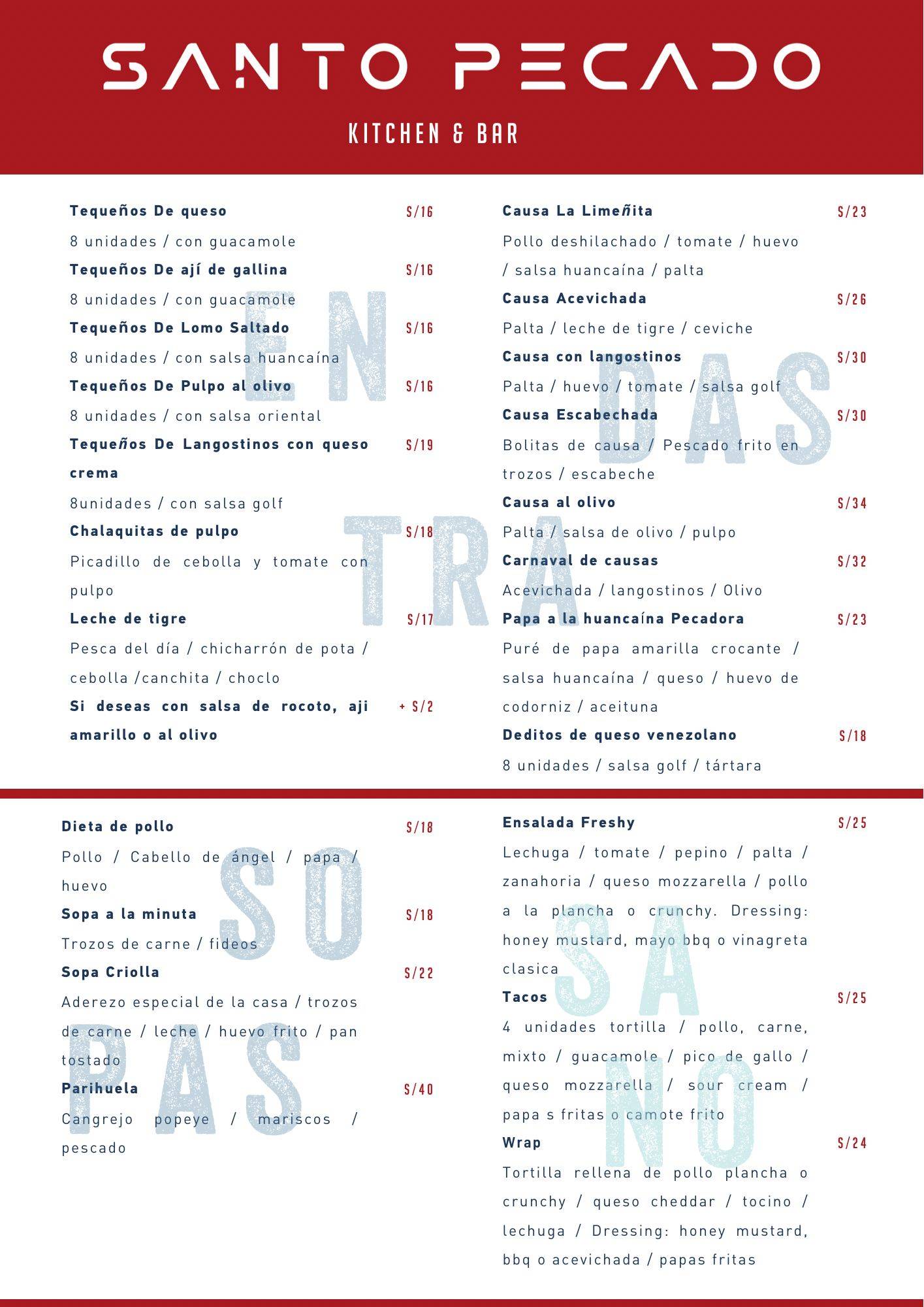 Carta de Santo Pecado Restaurante, Tacna